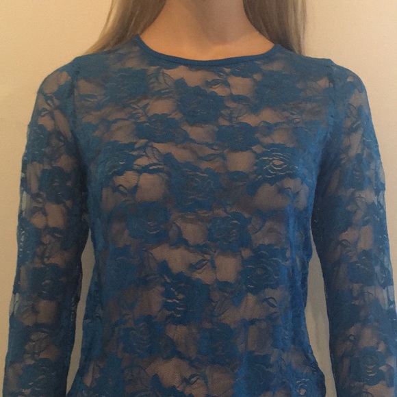Color Story | Tops | Pretty Blue Lace Long Sleeve Stretchy Top | Poshmark